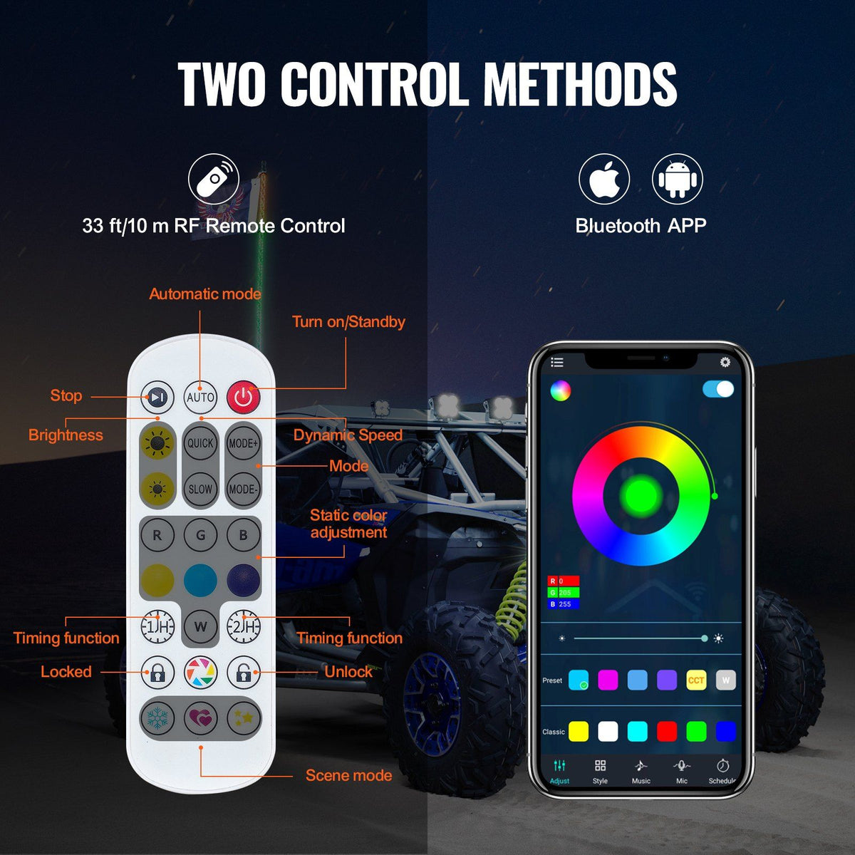 VEVOR 1 PC 5 FT Whip Light, APP & RF Remote Control Led Whip Light ...